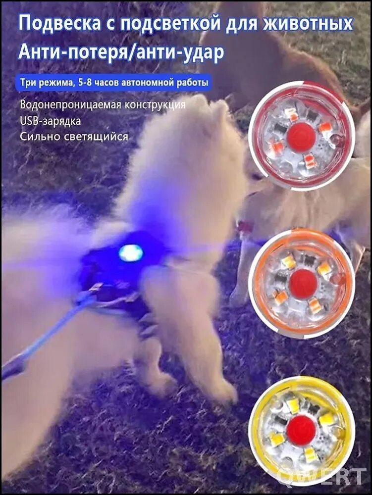 Светящийся брелок на ошейник для собак, светодиодный LED фонарик micro USB / Блинкер