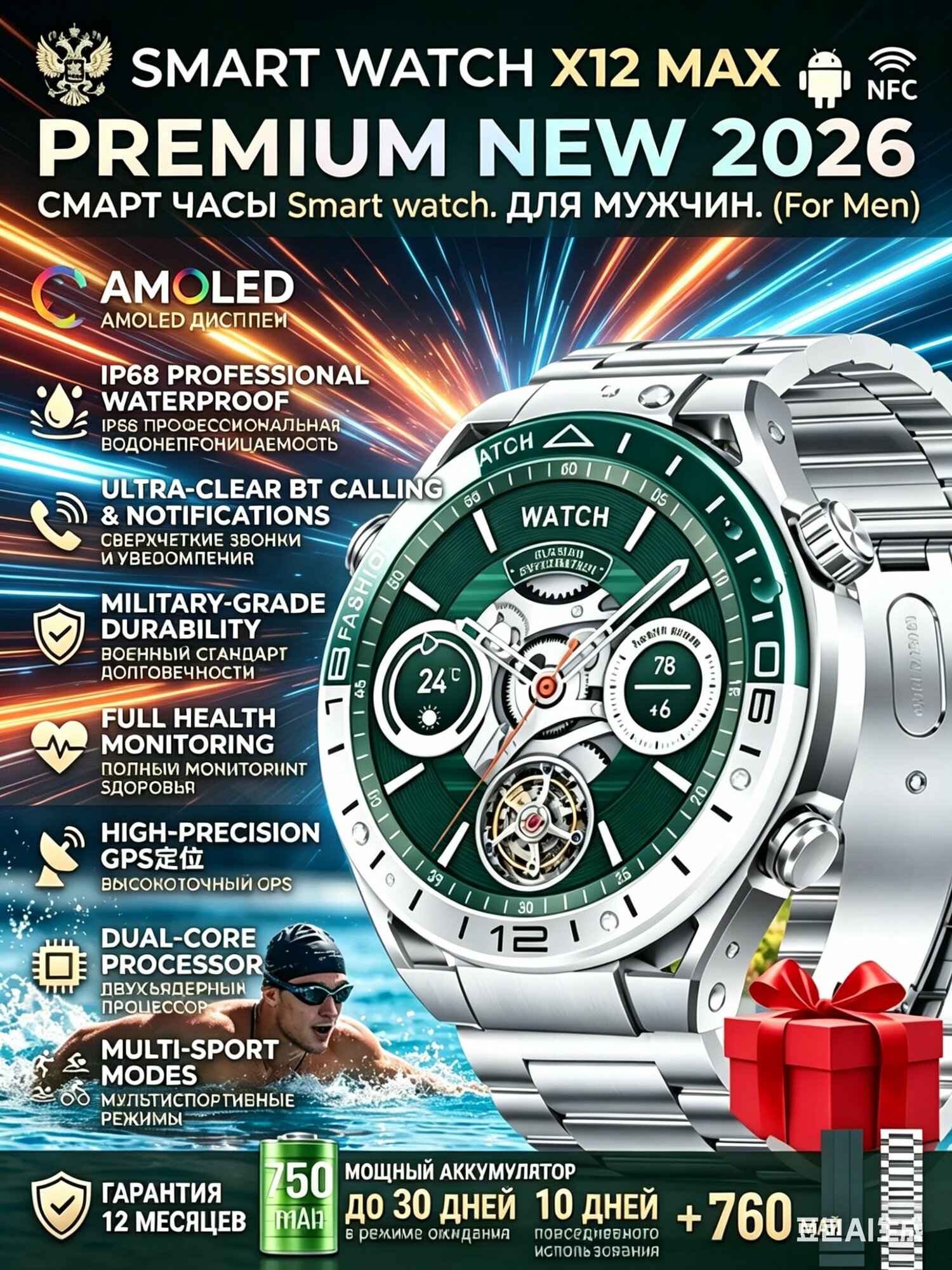 Новые умные часы 2026 года Smart X X12 MAX Мужские умные часы, AMOLED идеальный подарок для друзей и близких, серебристыеидеальный подарок для друзей и близких, серебристые