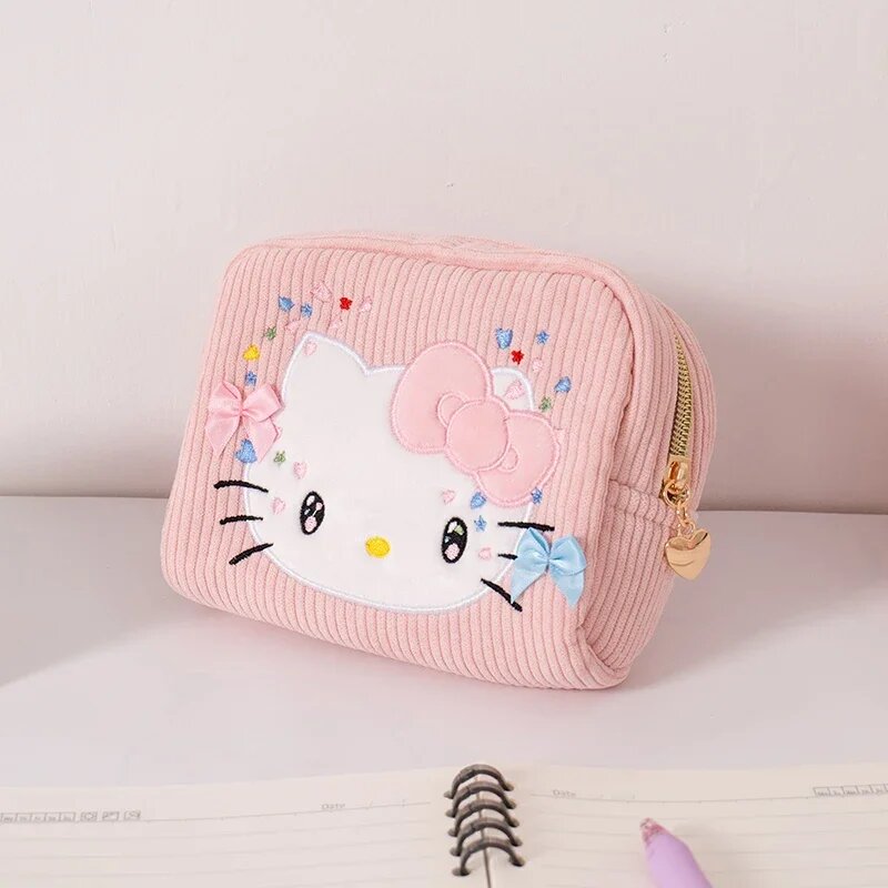 MINISO Милая косметичка Hello Kitty, вельветовая, в японском стиле, розовая, с вышитым котенком, прочный кошелек для монет, гигиеническая сумка, в девичьем стиле, Размер: 16х12х5 см