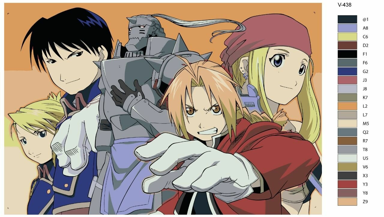 Картина по номерам V-438 "Аниме Стальной Алхимик 2 (Fullmetal Alchemist 2). Эдвард Элрик, Рой Мустанг, Альфонс Элрик, Винри Рокбелл, Уинри Рокбелл", 50x70 см