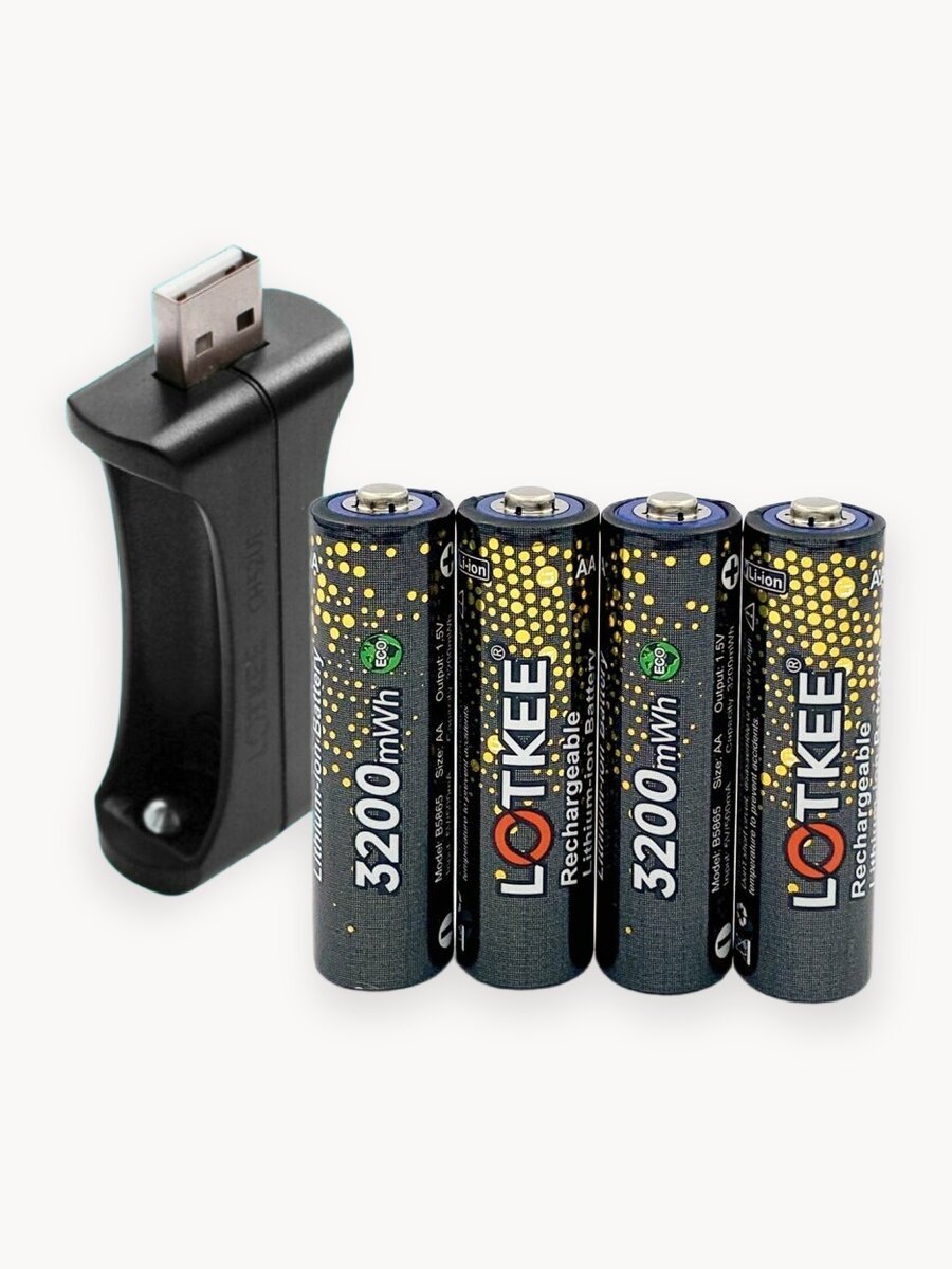 Аккумуляторные Батарейки LOTKEE, 3200mWh, AA, с USB зарядкой, 4шт