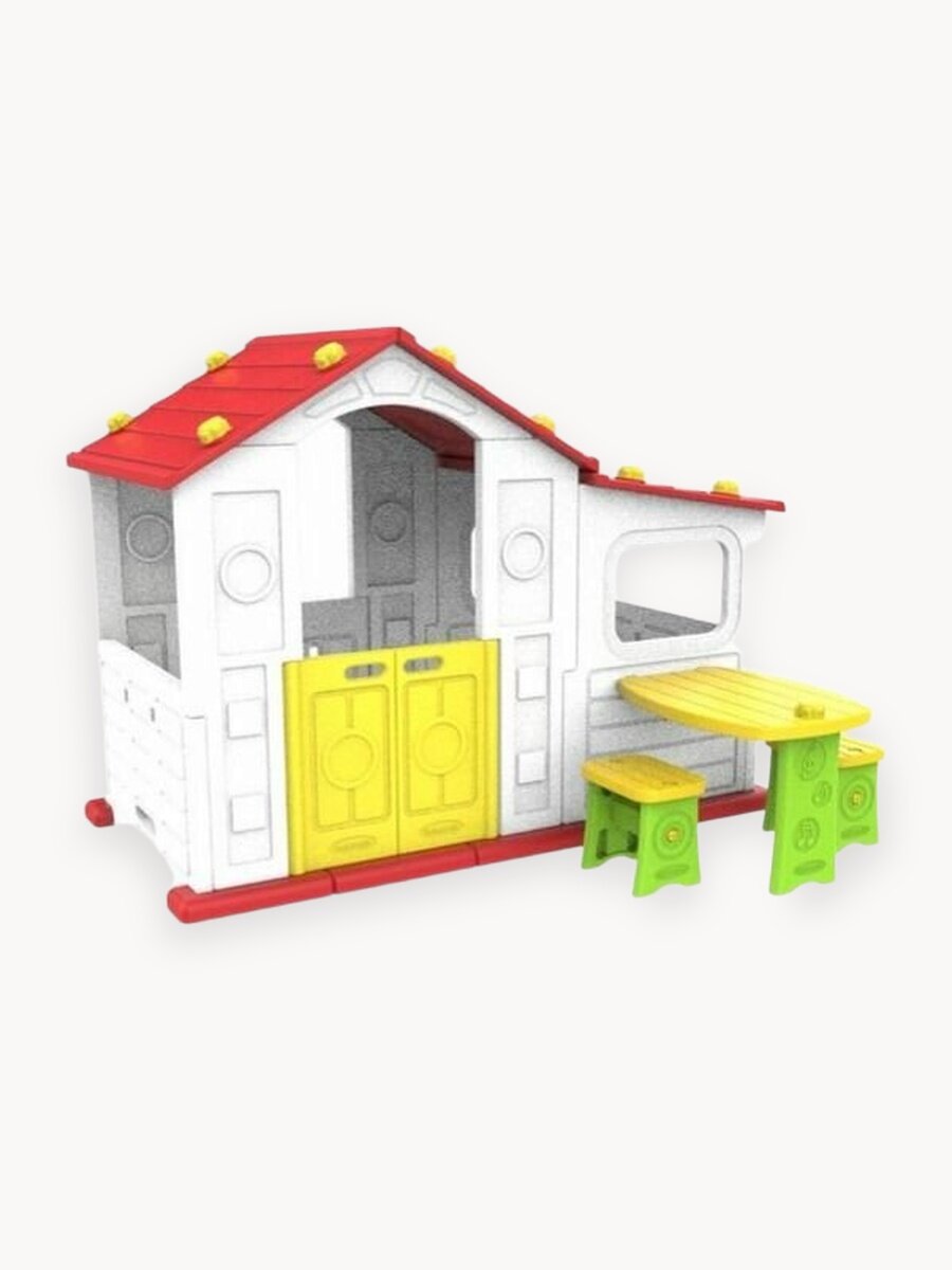 Домик детский пластиковый для улицы томо с пристройкой (стульчики + столик)