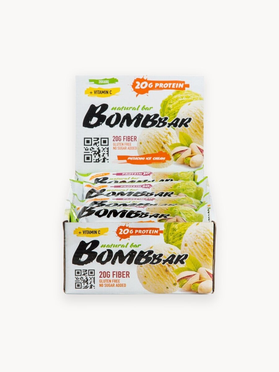 Bombbar Протеиновые батончики без сахара Фисташковый пломбир, 12шт х 60г