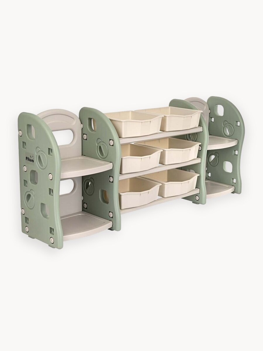 Стеллаж для игрушек в детскую Pituso, 3 секции, 3 полки с ящиками, цвет оливковый