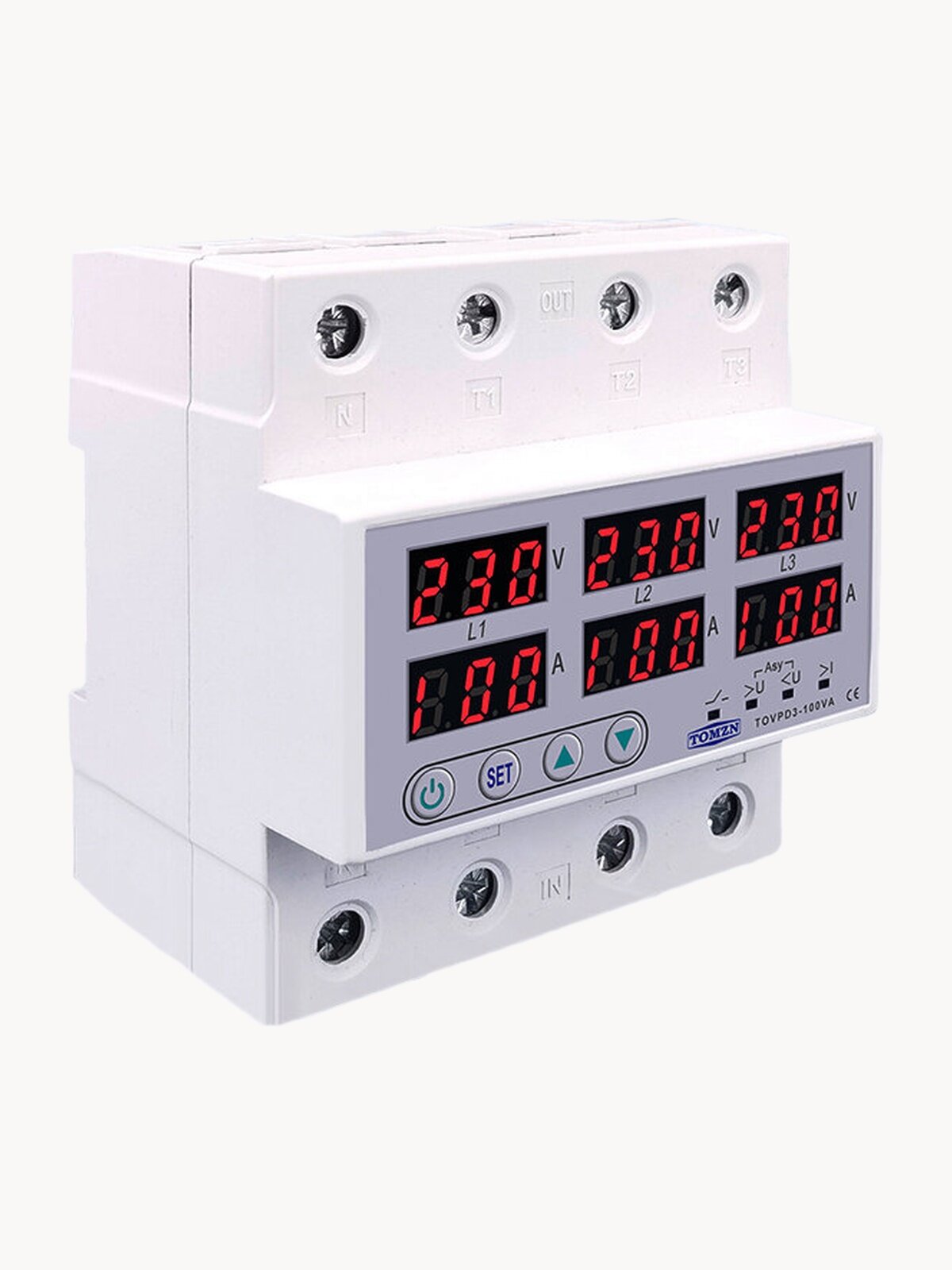 Реле контроля напряжения TOMZN TOVPD3-100VA трехфазное с защитой от перегрузки и перенапряжения 100 А / УЗМ в DIN рейку