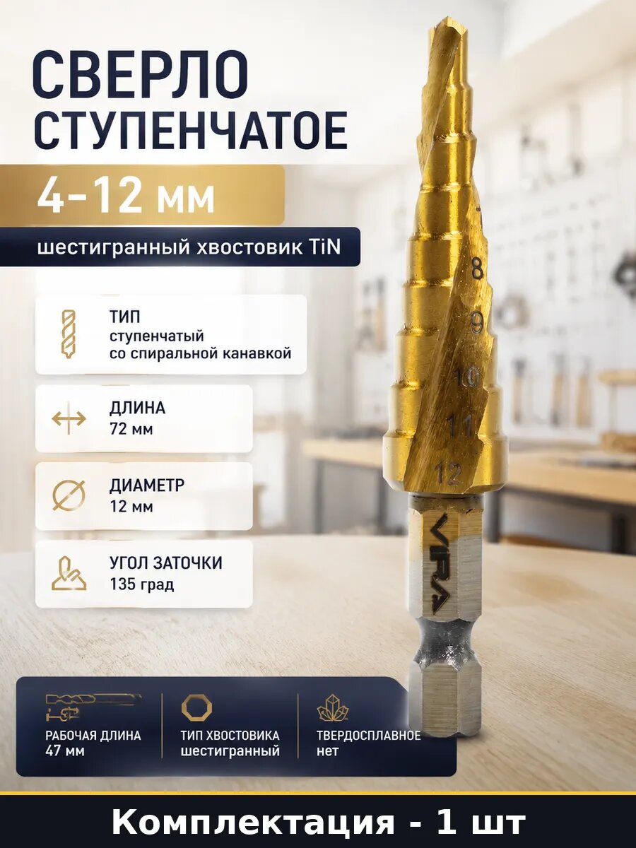 Сверло ступенчатое 4-12 мм шестигранный хвостовик TiN