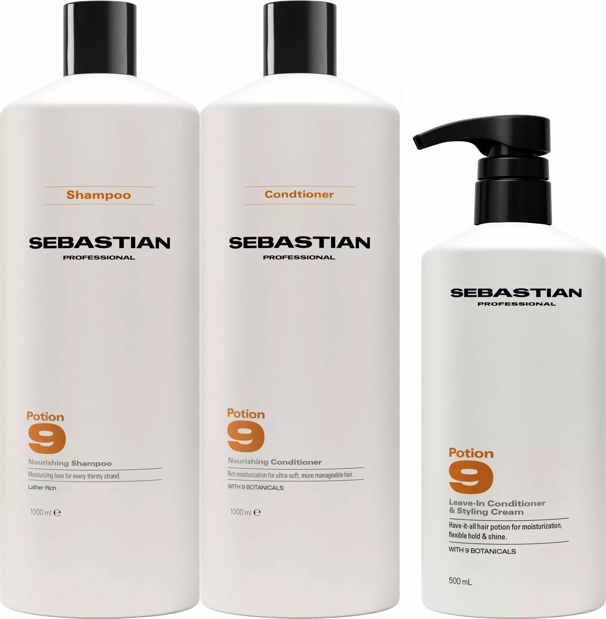 SEBASTIAN PROFESSIONAL Potion 9 питательный шампунь 1000 мл, крем для волос 500 мл и кондиционер 1000 мл