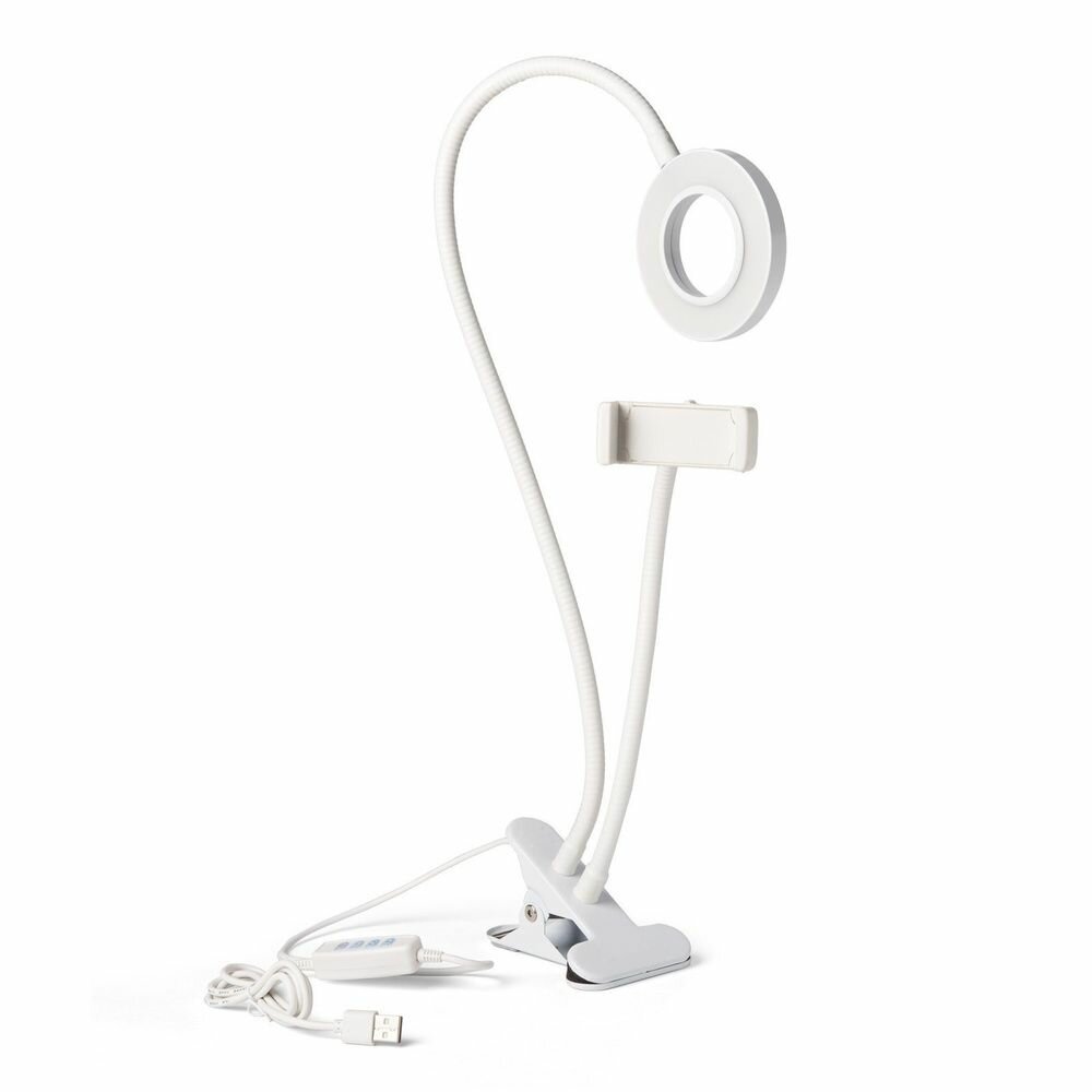 Маленькая Кольцевая лампа с гибким штативом на прищепке 9 см / Маленькая кольцевая лампа с гибким держателем для телефона, белая