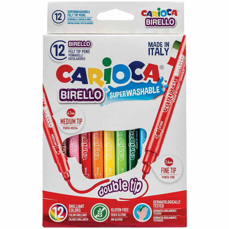 Фломастеры двусторонние Carioca "Birello", 12цв, 12шт, смываемые, картон, европодвес, 092747