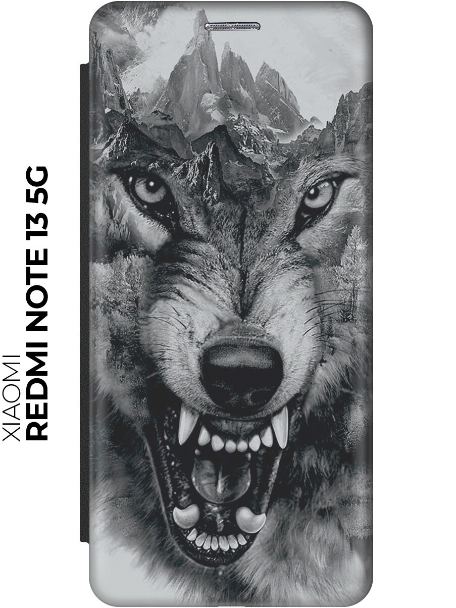 Чехол-книжка на Xiaomi Redmi Note 13 5g / Сяоми Редми Ноут 13 5г с рисунком "Волк в горах" черный