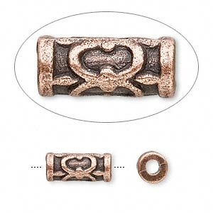 Бусина металлическая, 13х6мм, трубочка с узорами, базовый материал - цинковый сплав, медная с чернением, 2 шт.