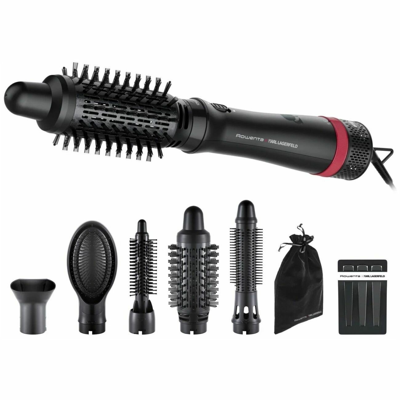 Фен-щетка для волос Rowenta x Karl Lagerfeld 5в1 (CF635LF0) 800 Вт, кол-во насадок 5, черный, красный