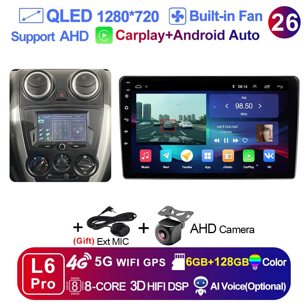 LEHX Pro 5G WIFI для LADA ВАЗ Granta Sport 2011-2018 Автомобильный радиоприемник Мультимедийный видеоплеер Android 14 Auto Carplay 4G GPS 2din DVD L6 Pro(6-128GB)CAM