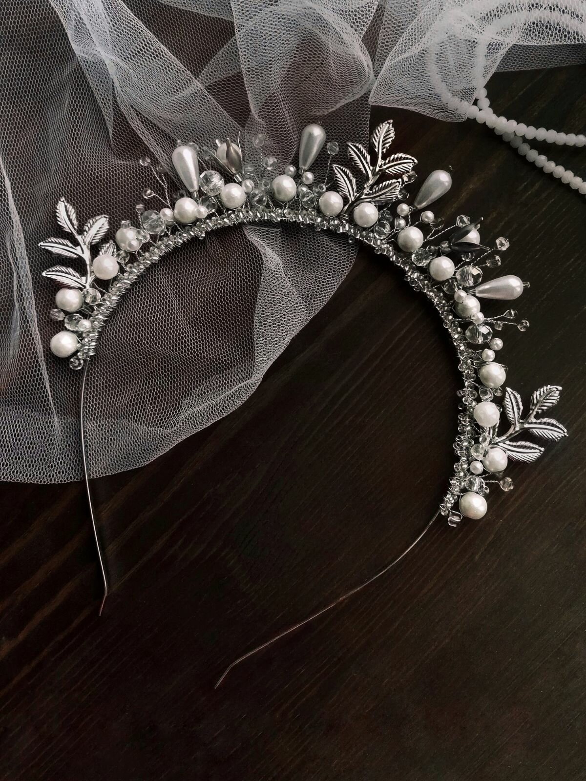 Свадебный ободок 1 шт, Свадебная диадема, жемчужно серебряная диадема, свадебное украшение для волос, серебряный ободок для волос, украшения на голову невесте, ободок кокошник