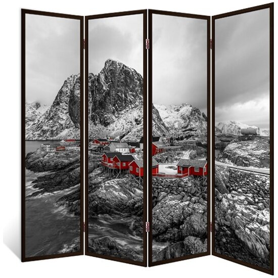 Ширма перегородка Декор Депо для комнаты деревянная "Рыбацкая деревня. Норвегия" двухсторонняя с картинкой (природа) 4 створки венге 176х185 см 14 кг