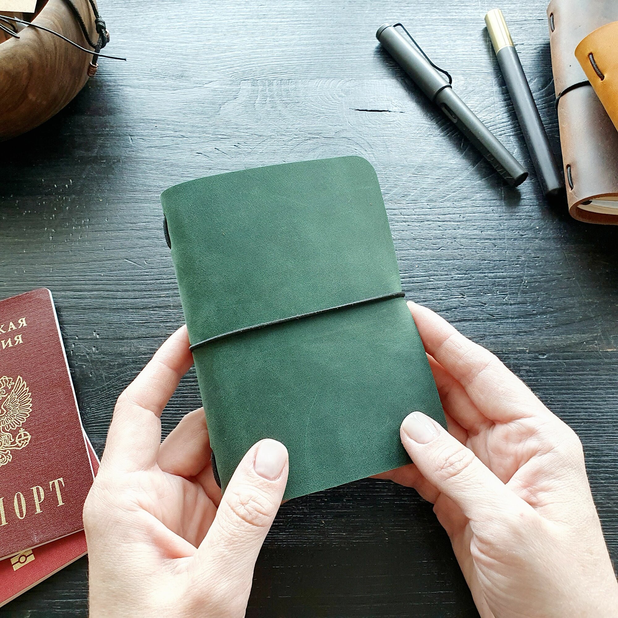 Кожаный блокнот формата Midori Passport (9,5х13,5см) со сменными тетрадями на резинке / обложка для паспорта / записная книжка 90 листов