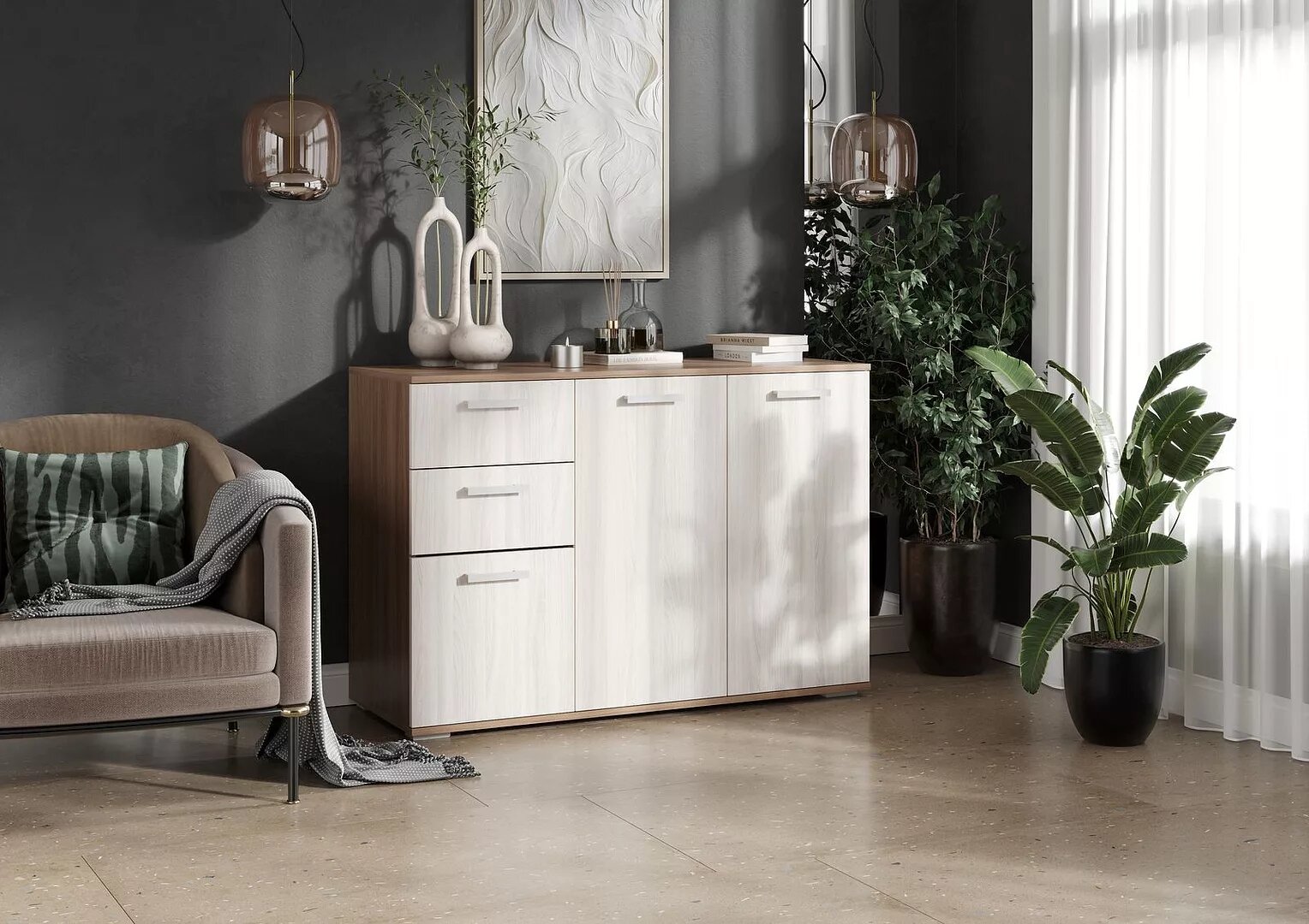 Комод К-3 с ящиками и дверцами, шимо тёмный/светлый (1200х460х830)