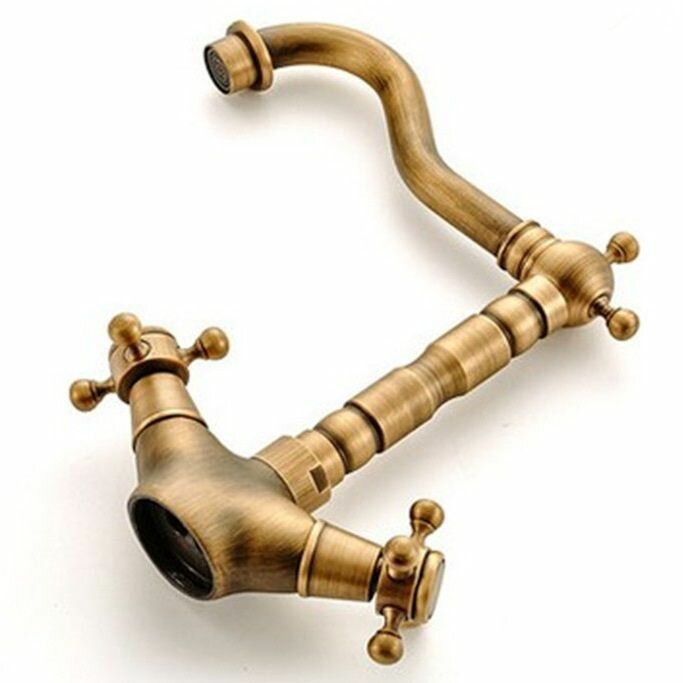 Медный двухвентильный смеситель для кухни и раковины под старину в стиле ретро с высоким поворотным изливом