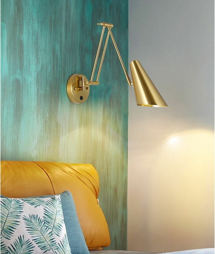 Современные регулируемые поворотные светодиодные настенные светильники с длинным рычагом и выключателем для домашнего декора прикроватной тумбочки в спальне, золотое бра