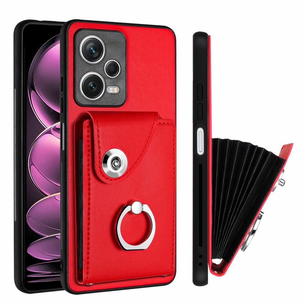 Кожаный чехол для Xiaomi Redmi Note 12 Pro 5G (Сяоми Редми Ноут 12 Про 5Джи) с кнопкой, бумажником, визитницей и коротким ремешком