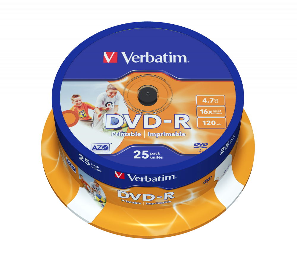 Оптический диск Verbatim DVD-R 4.7GB 16X AZO Wide Inkjet Printable ID Brand, Spindle, 25 шт