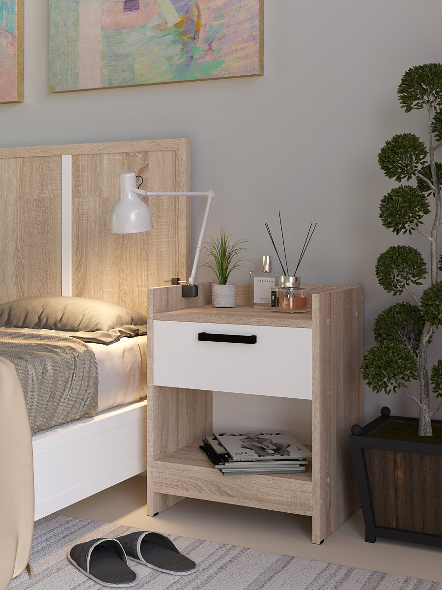 Тумба прикроватная с нишей дуб сонома/белый 1 ящик 56*44*35 Эпика