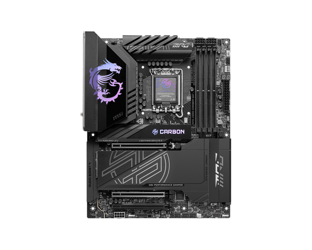 MSI Материнская плата Socket1851 MSI MPG Z890 CARBON WIFI (iZ890, 4xDDR5, M.2, SATA III, RAID, 3xPCI-E, HDMI, 2xTB, 2.5Гбит LAN, 5Гбит LAN, WiFi, BT, 10Гбит USB, 10Гбит Type-C, ATX) (ret)