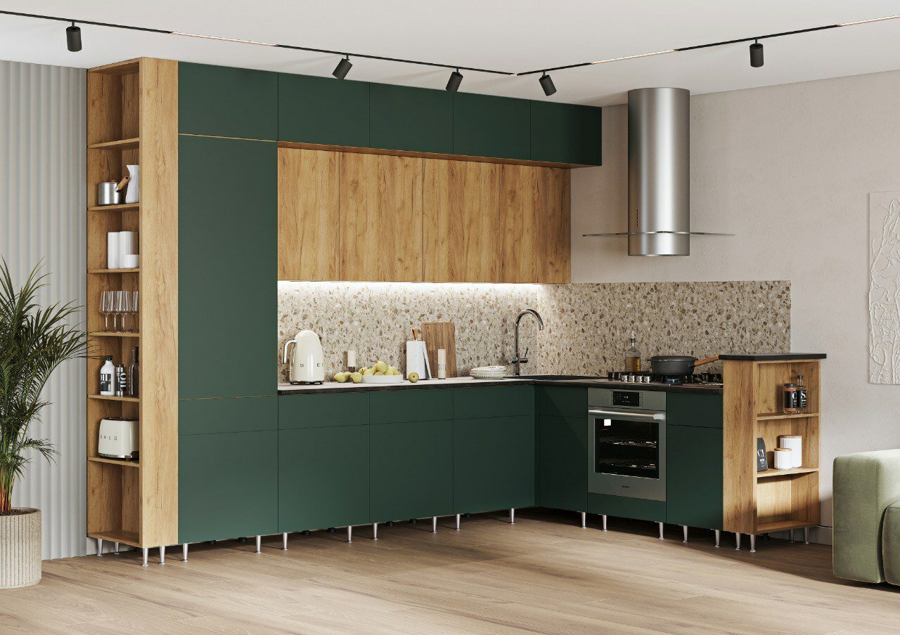 Угловая кухня Миф Техно-5 3,2*2,24м (Дуб/Браш Мени Грин, Белый (Кастилло темный))