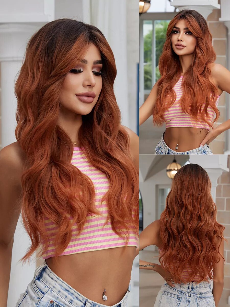 Рыжий парик кудрявый омбре длинные волосы с челкой