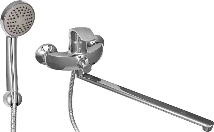 Смеситель с длинным изливом для ванны Wisent W2203 с душевым гарнитуром, поворотный, металлический, хром, глянцевый, смеситель для ванны с душем, рычажный, с настенным держателем