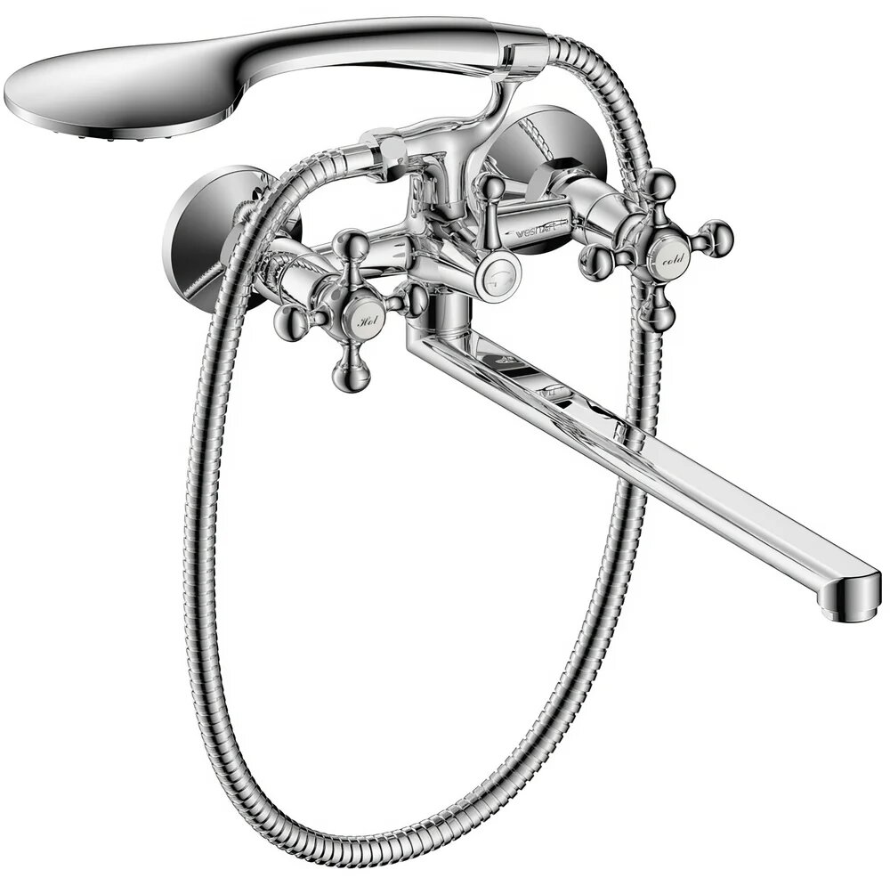 Смеситель с длинным изливом для ванны WesnaArt Rassvet RAS02-320 с душевым гарнитуром, поворотный, латунный, хром, глянцевый, смеситель для ванны с душем, вентильный