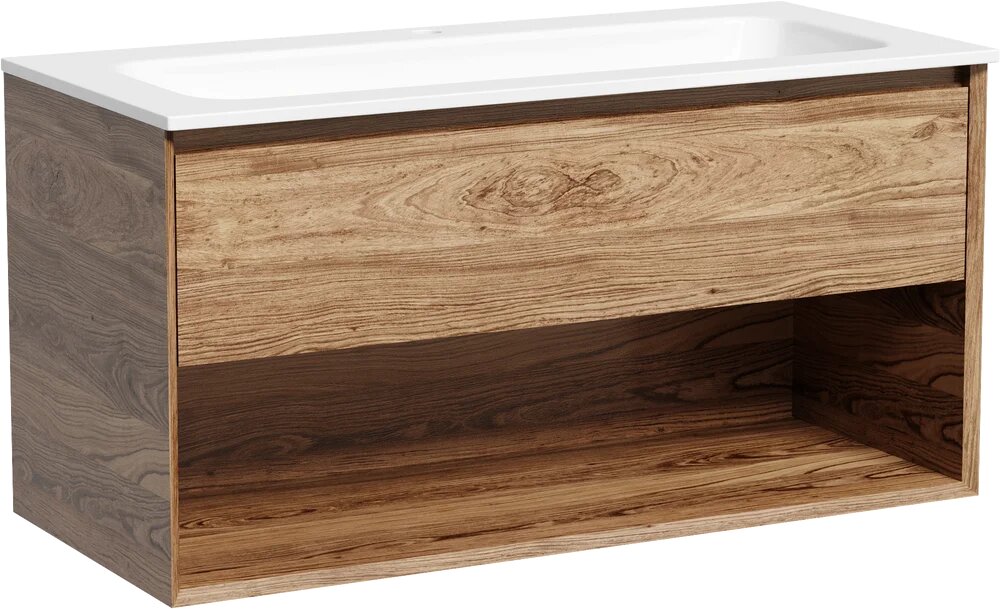 Тумба под раковину без столешницы Sancos Marmi 1.0 100 подвесная, светлое дерево, матовая, из ЛДСП, тумба для ванной, с ящиками, с доводчиками