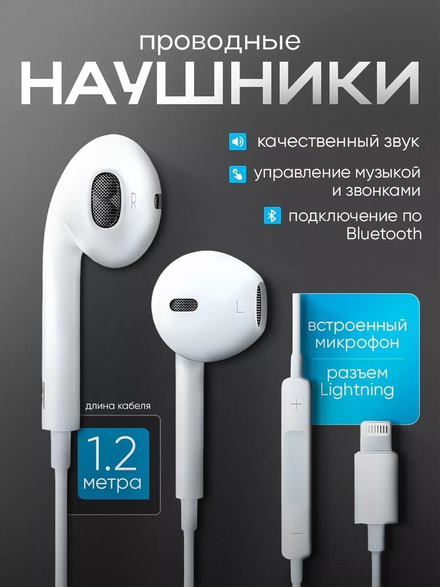 Наушники вкладыши ERGOLUX с микрофоном Lightning, проводные, 120 см, белые, коробка + бокс