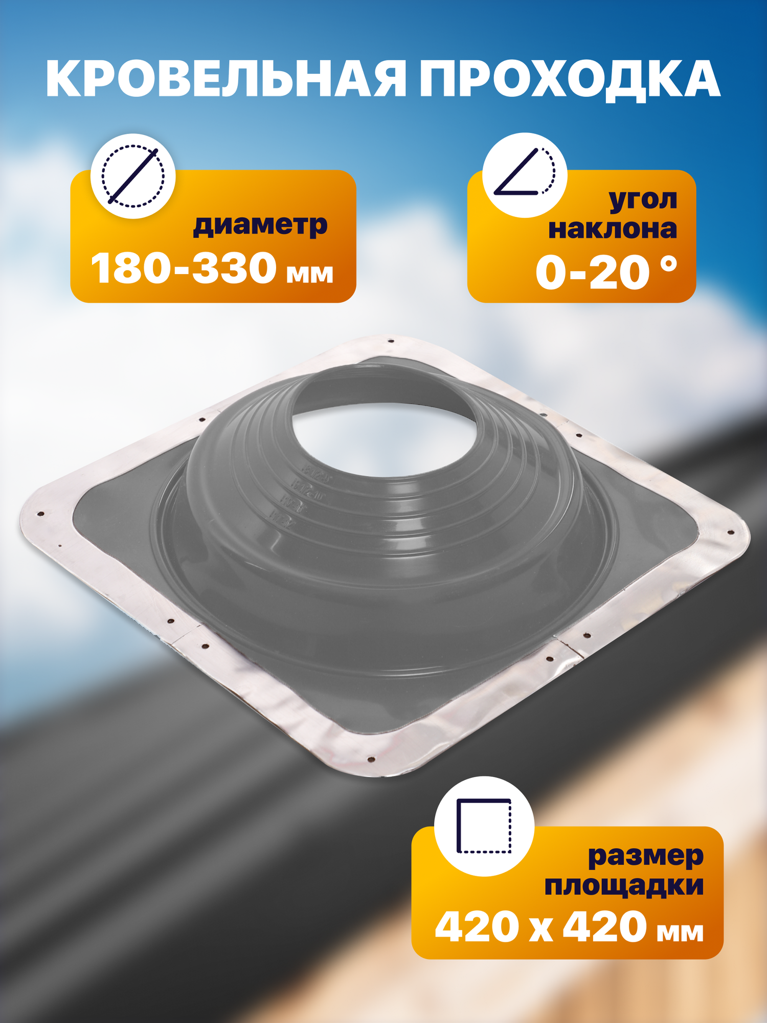 Уплотнитель кровли (кровельная проходка) №8 прямой 180-330мм 420х420мм серый