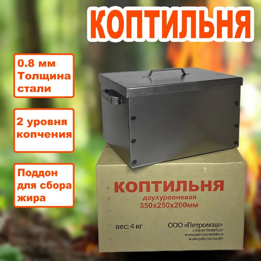 Коптильня стальная "Петромаш" малая 350х250х200, 2 уровня серебристая