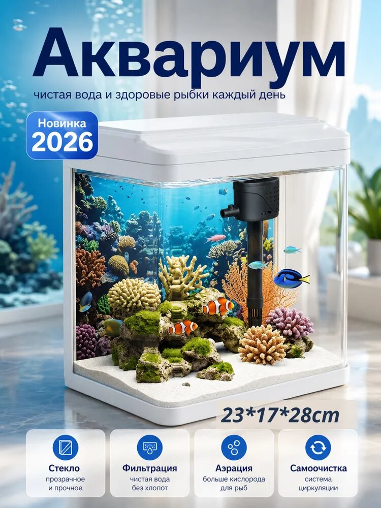 Аквариум H2OCEAN 11л с фильтром, подсветкой, размером 23*17*28см, стеклянный, прозрачный, для рыб