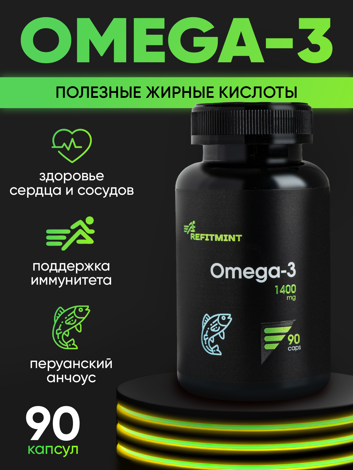 OMEGA 3 REFITMINT / Витамины Омега 3 для взрослых EPA 540 мг DHA 360 мг, 90 капсул 90 порций (1-3 курса) / Укрепление иммунной системы, контроль веса, рыбий жир, красивые волосы и ногти