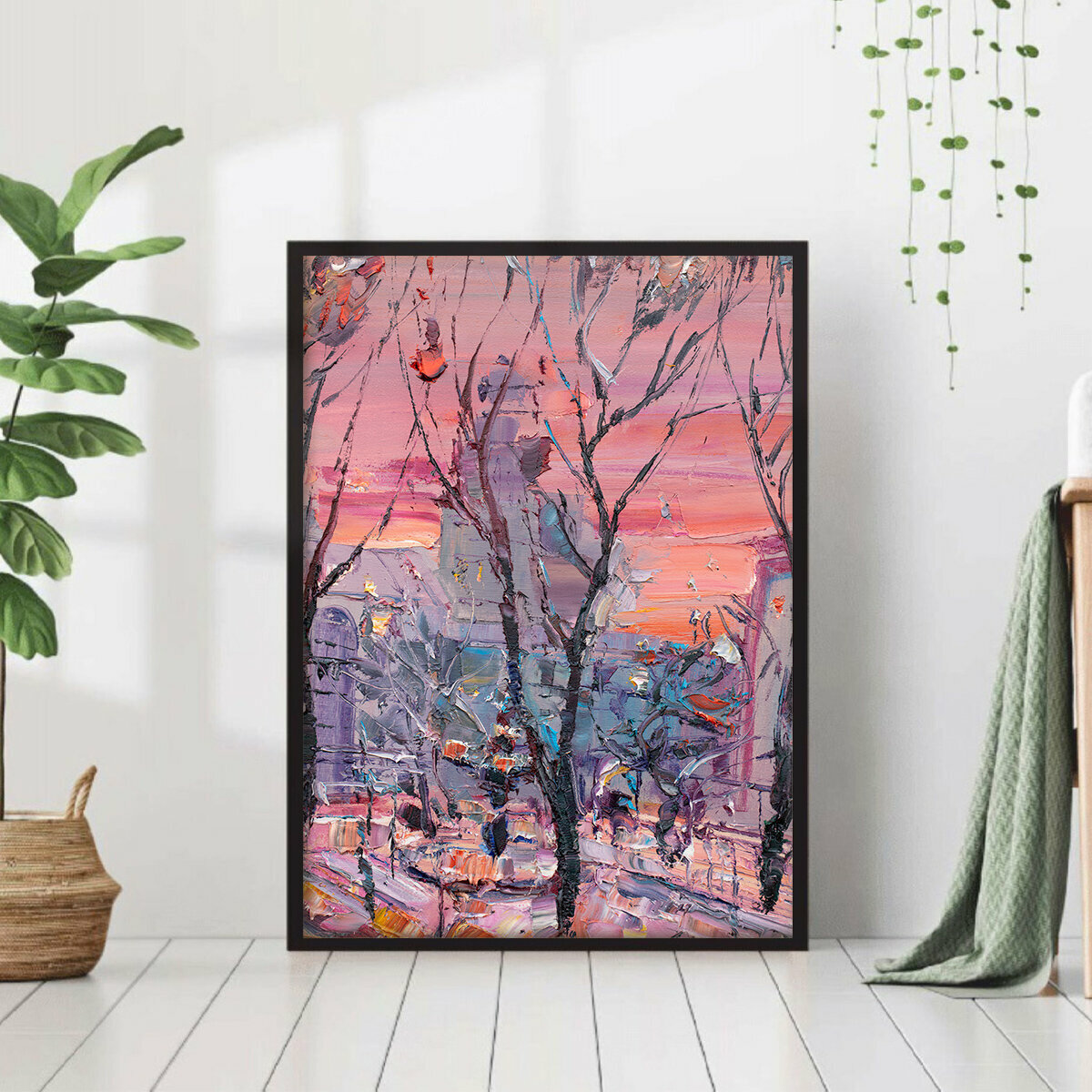 Постер "Дерево абстракция на розовом фоне" 50х70 в черной рамке для интерьера на стену