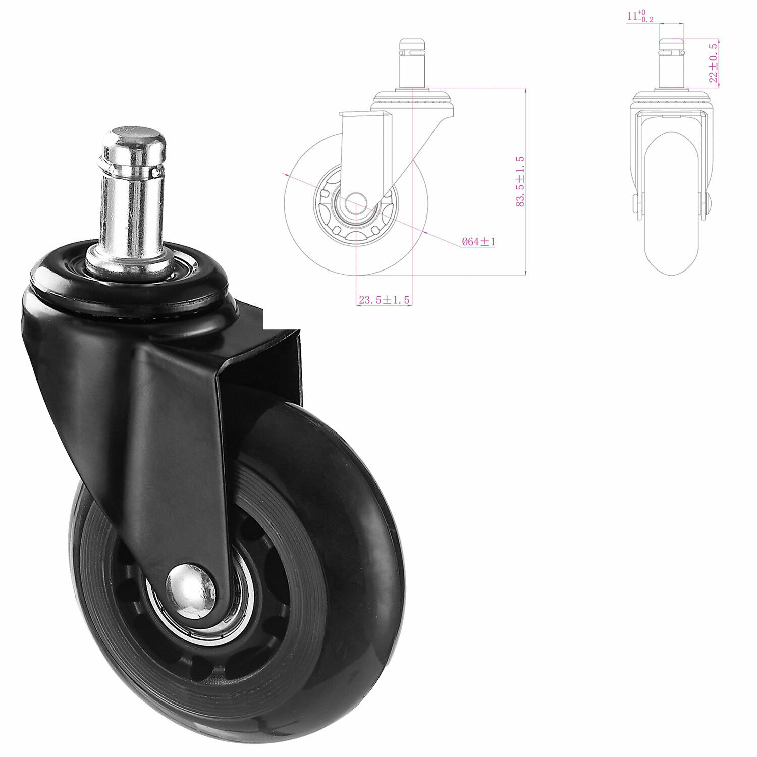 Колеса (ролики) BRABIX для кресла мягкие, резиновые, d 64 мм, комплект 5 шт, шток d 11 мм, в коробе, 533087