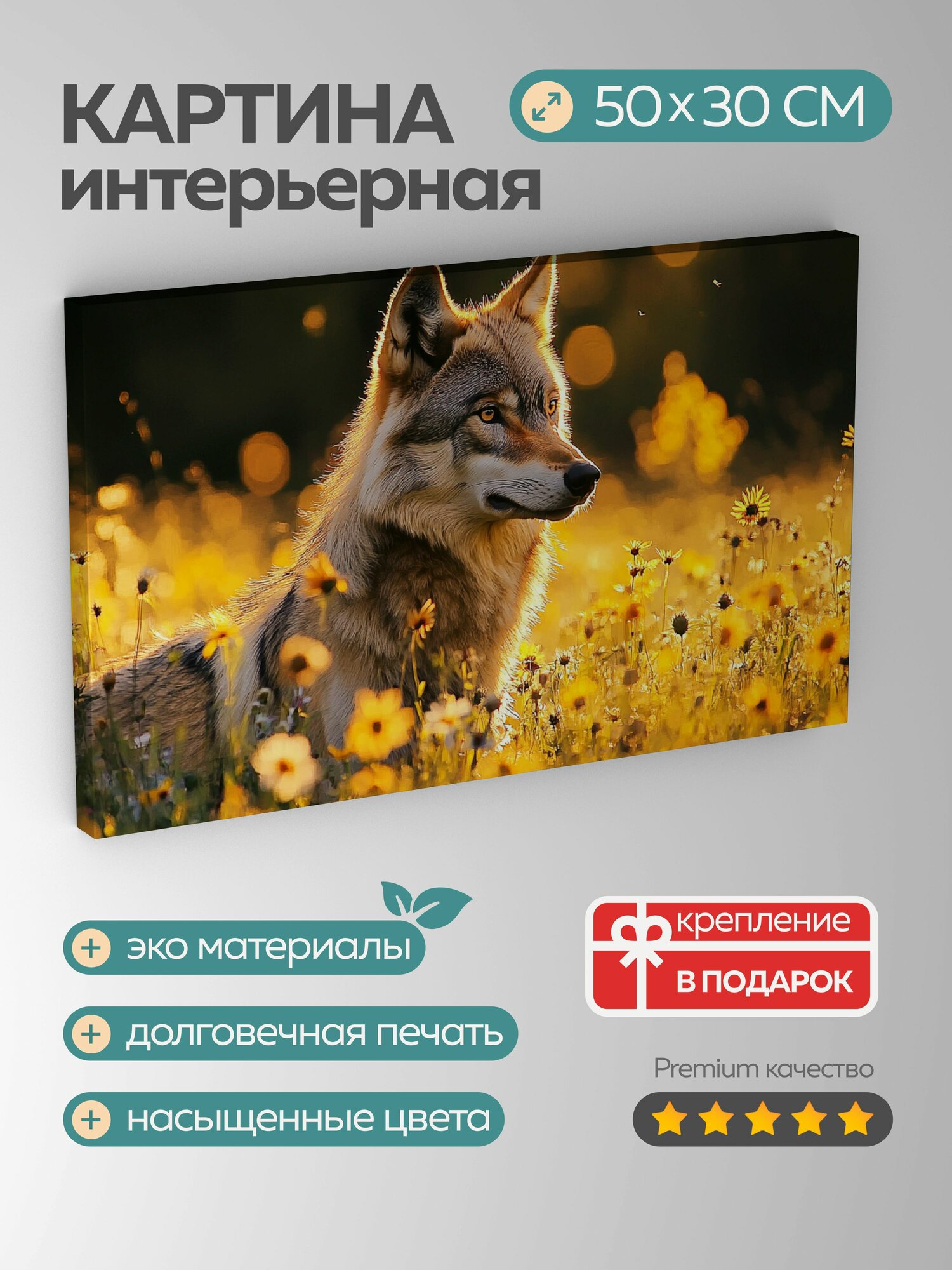 Картина на холсте интерьерная 50х30 см, Волк, закат, свет, поляна, цветы, сила, решимость, Canon, фотография, ISO