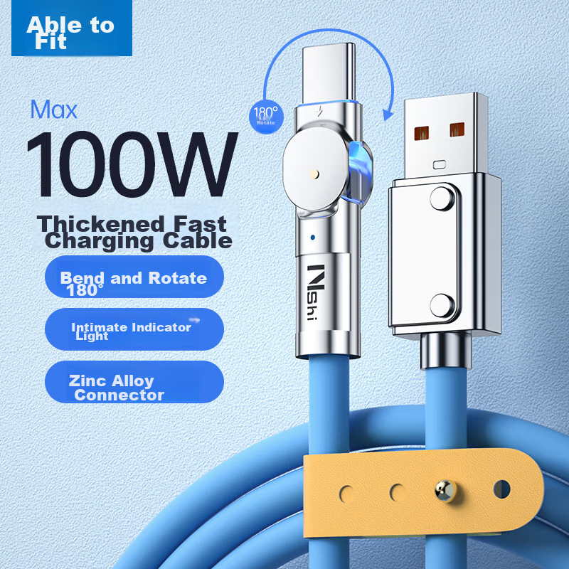 Can Fit Charging Cable, Type-C Data Cable, 100W Fast Charging, USB-C Flash Charging, 6A, Suitable for Huawei, Vivo, Xiaomi, OPPO, Honor Phones, Thickened, Rotatable Head, 1.5 Meters, Blue