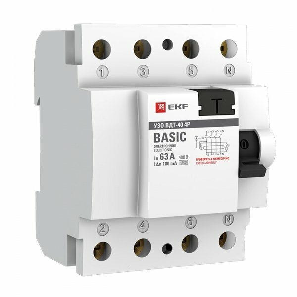 EKF Basic ВДT-40 УЗО 4P 63А/100мА (AC) электронное, elcb-4-63-100e-sim