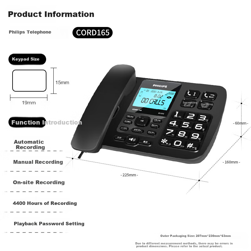 PHILIPS Automatic Recording Telephone Fixed Landline Office Home Manual Recording 64GB Storage Card Recordable for 4400 Hours Playback Password Protection CORD165 Black