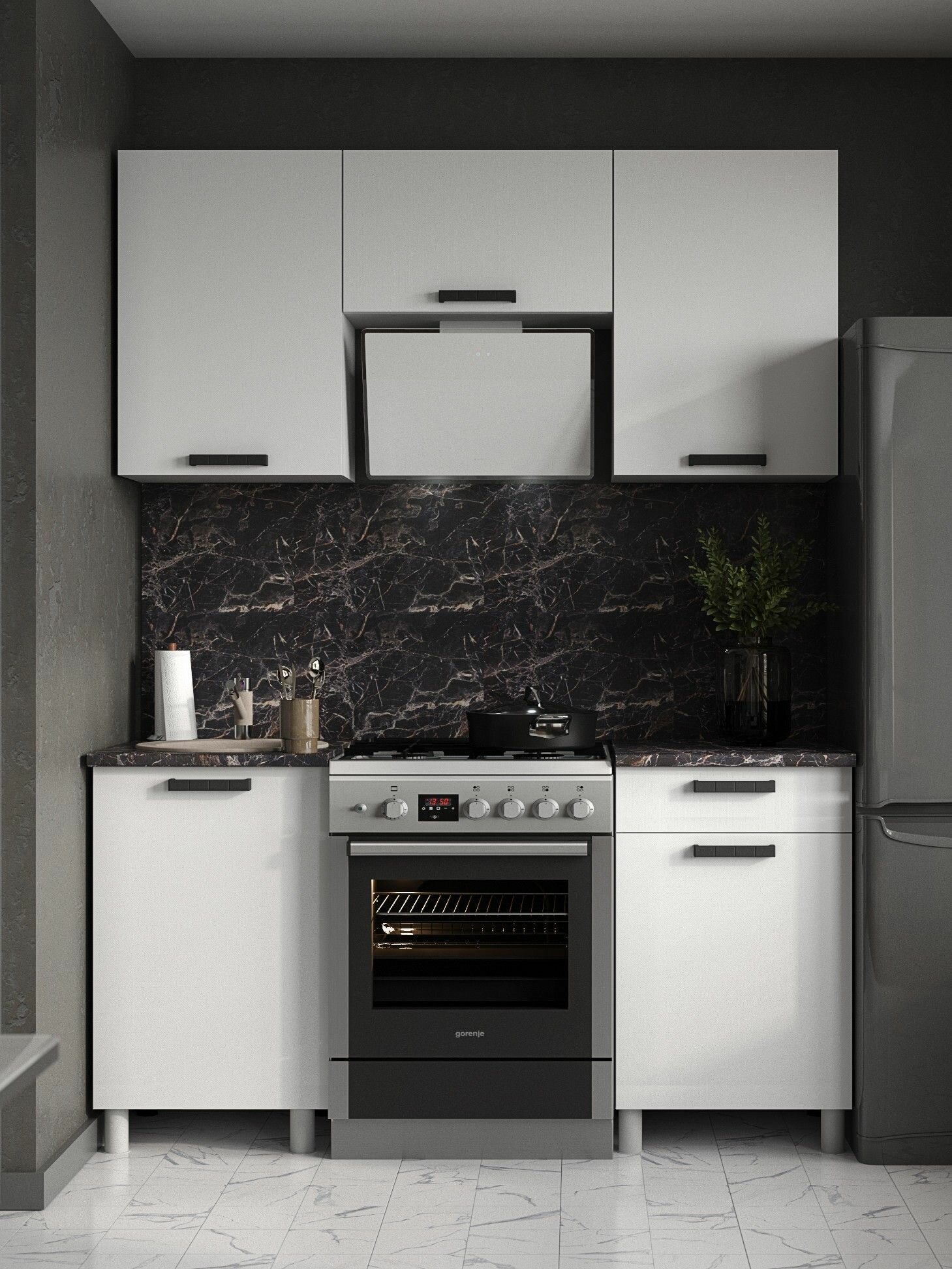 Кухонный гарнитур с окапом Осло МДФ 1,6м карбон фарфор без столешницы