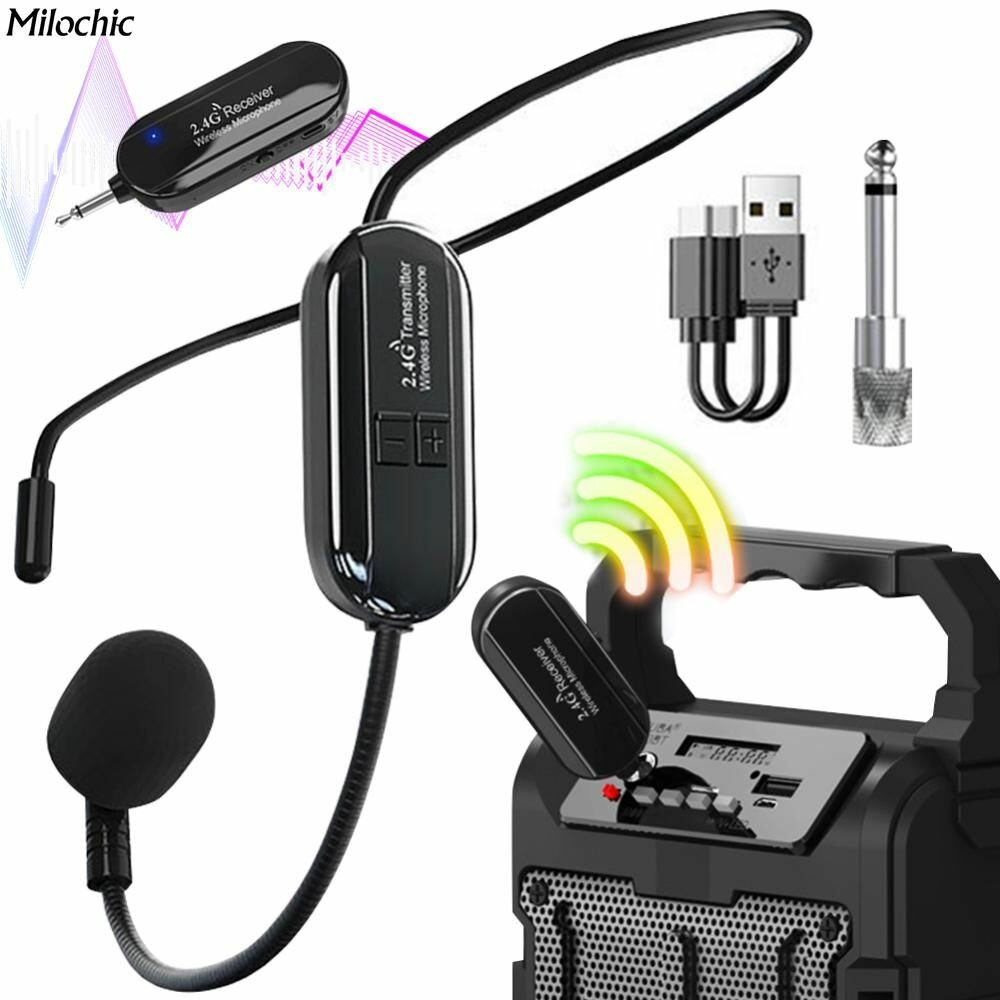 Беспроводной аудиомикрофон 2.4G, встроенный в головное устройство, чистое качество звука, высокая эффективность и энергосбережение, эффекты реверберации, 60 Гц-15 кГц