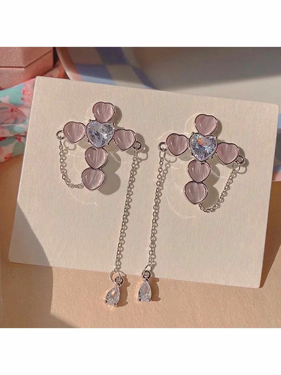 Серьги пусеты, фианит, эмаль