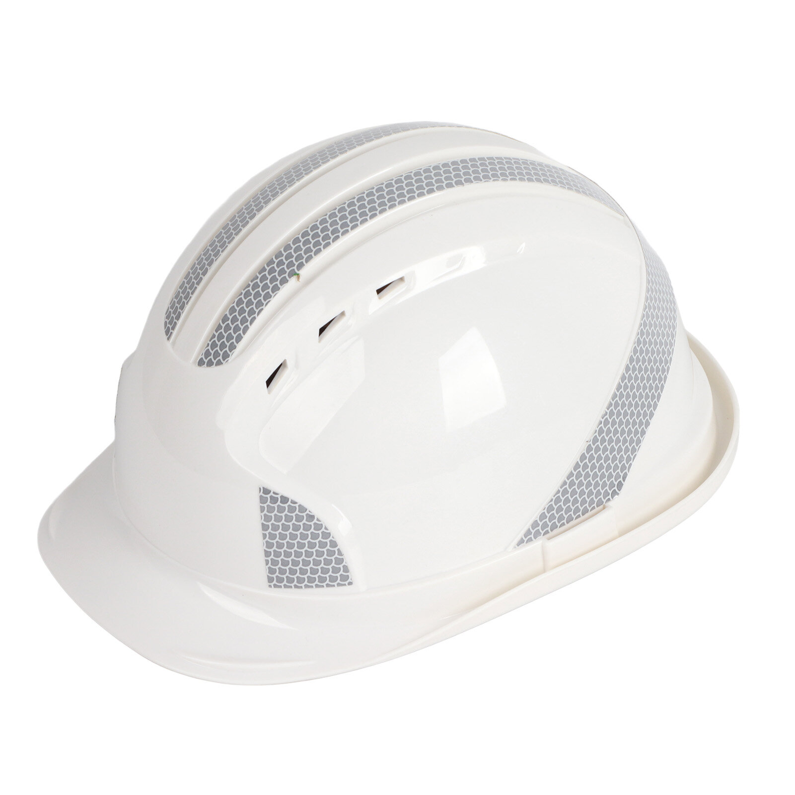 Защитная каска для строительной площадки, вентилируемая, из АБС-пластика, со светоотражающими полосами (белая)