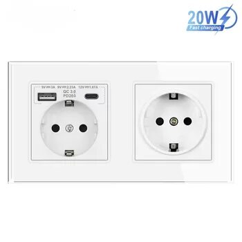 Розетка электрическая двойная с USB и type-C входами, быстрая зарядка 20W, рамка закаленное стекло Белая