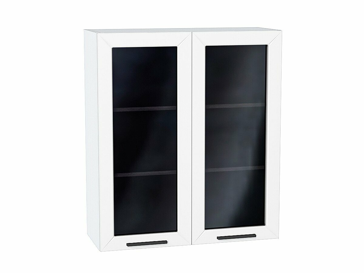Шкаф верхний с 2-мя остекленными дверцами Глетчер, цвет фасада Айленд Силк, цвет каркаса Белый, стекло Lacobel «Black», 920*800*318 мм