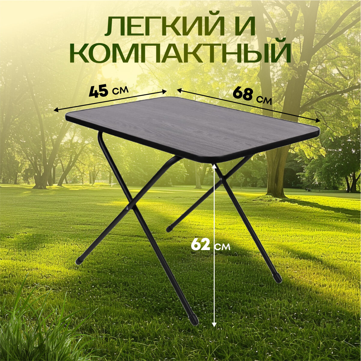 Стол складной металл, прямоугольный, 68х45х62 см, столешница ЛДСП, ясень черный, Nika, Туристический, тстм/ЯС